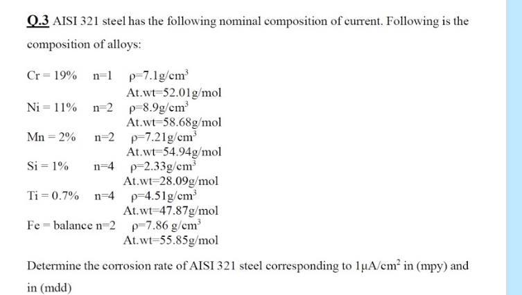 Solved Q.3 AISI 321 steel has the following nominal | Chegg.com