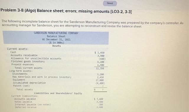 Solved Savod Problem 3-8 (Algo) Balance sheet; errors; | Chegg.com