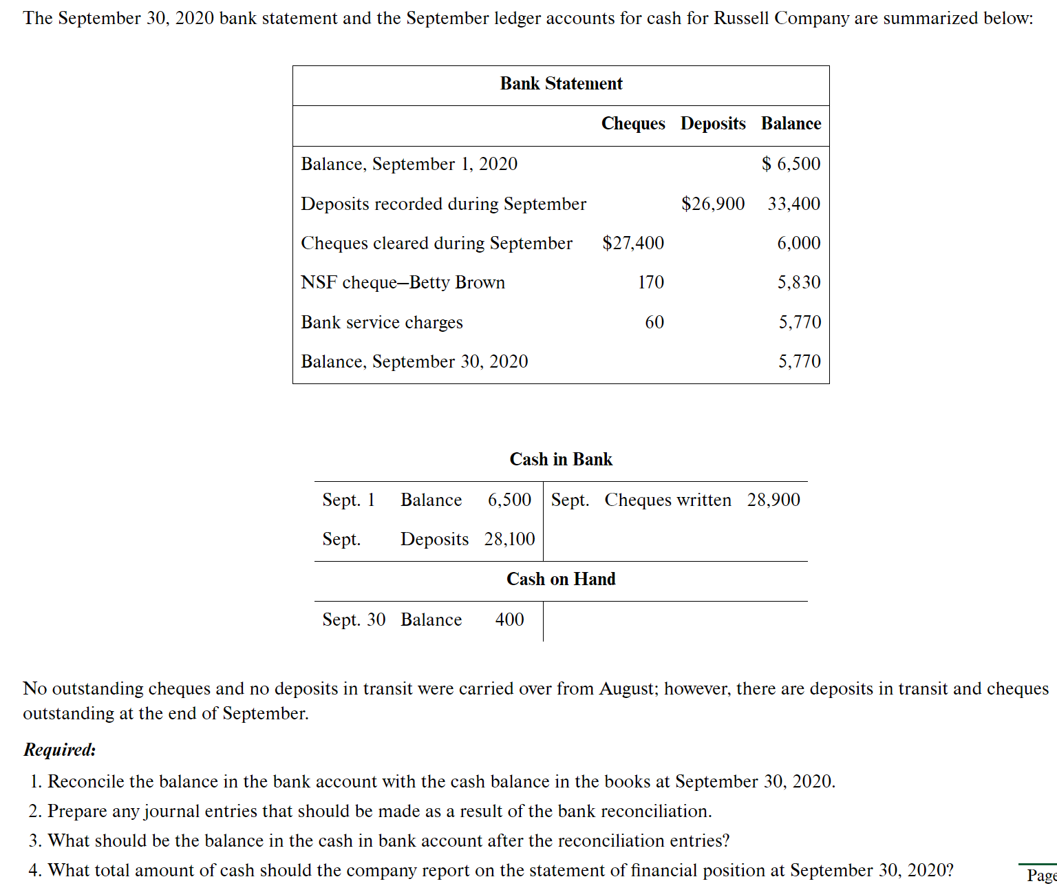 Solved The September 30, 2020 bank statement and the | Chegg.com