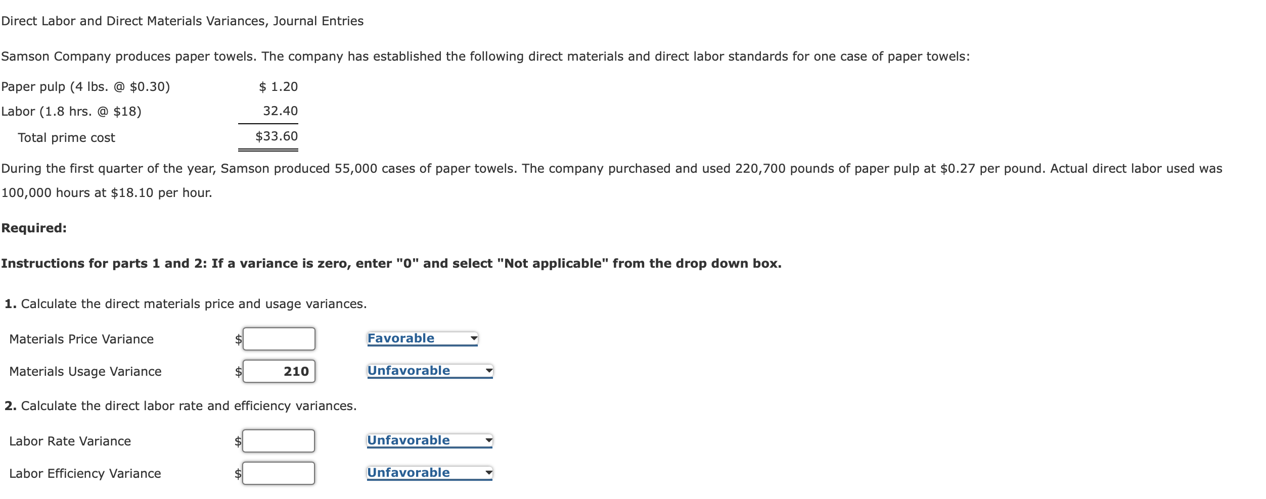 Solved Direct Labor and Direct Materials Variances, Journal | Chegg.com