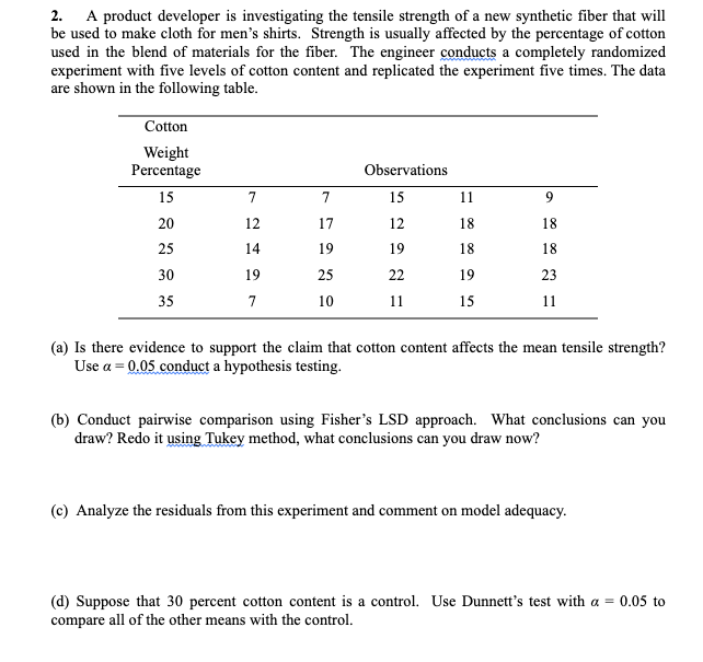 Solved 2. A product developer is investigating the tensile | Chegg.com