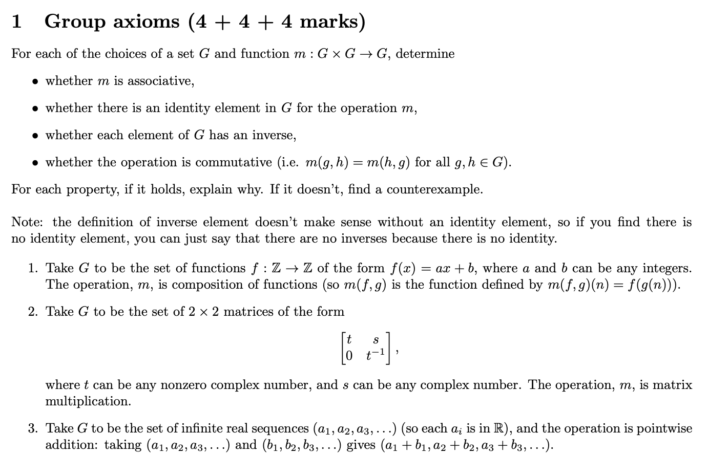 Solved 1 Group axioms (4+4+4 marks ) For each of the choices | Chegg.com