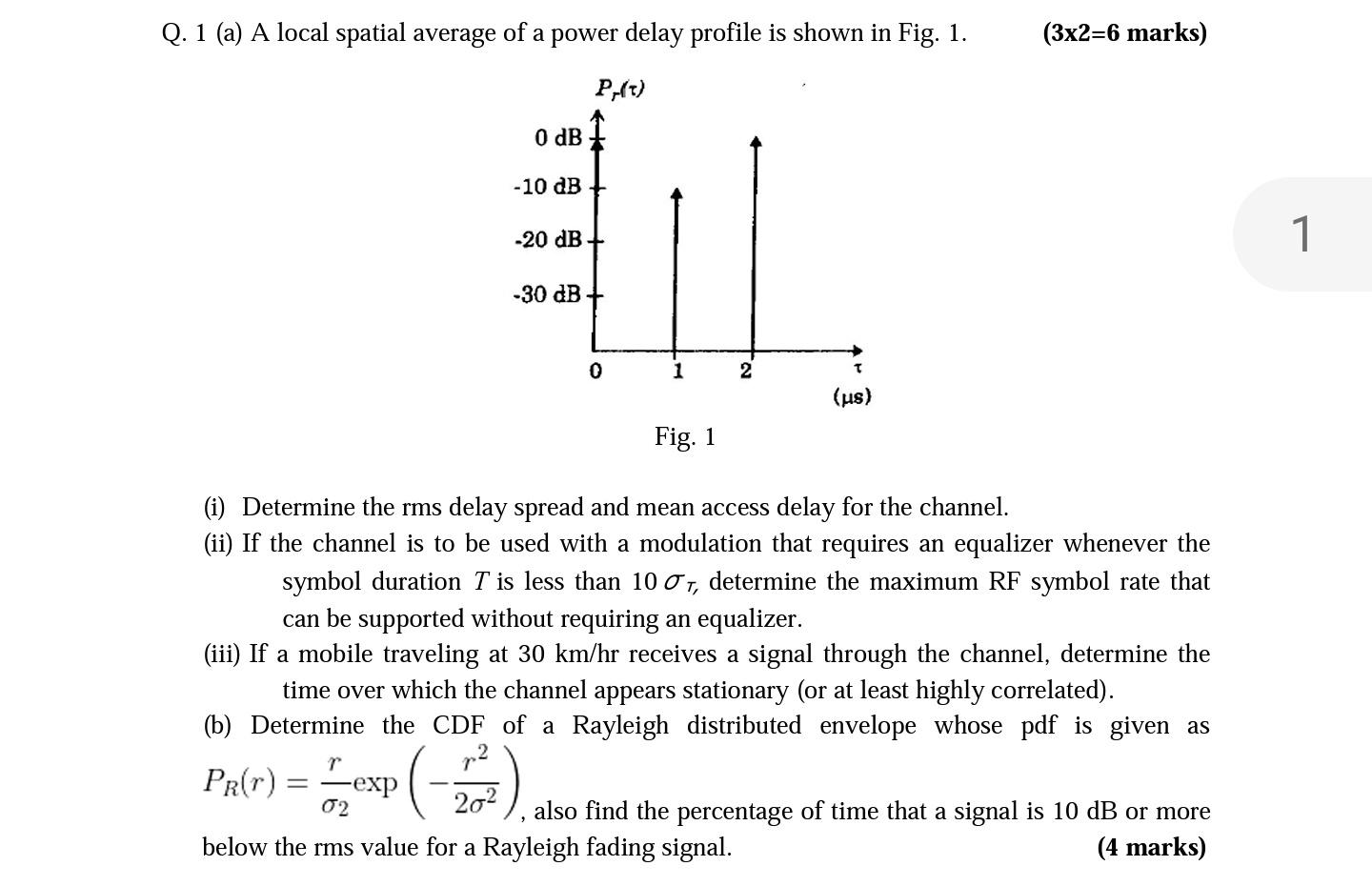 Q. 1 (a) A local spatial average of a power delay | Chegg.com