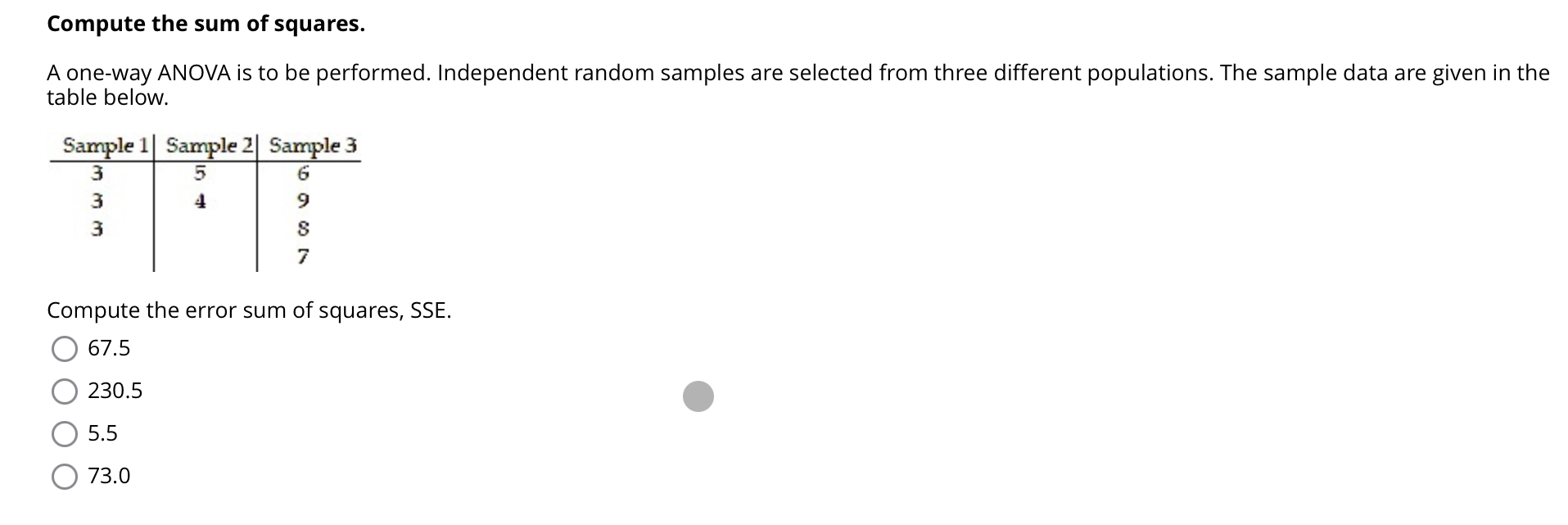 Solved Compute the sum of squares. A one-way ANOVA is to be | Chegg.com