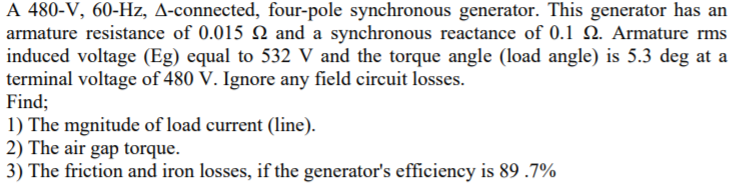 Solved A 480-V, 60-Hz, A-connected, four-pole synchronous | Chegg.com