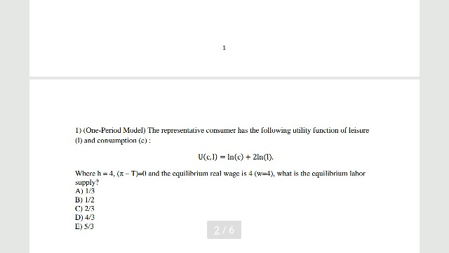 Solved 1) One-Period Model) The representative consumer has | Chegg.com