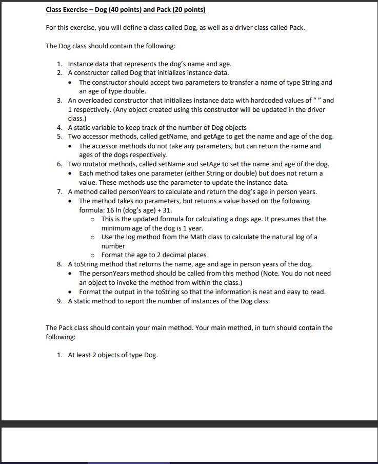 Solved Class Exercise - Dog (40 points) and Pack (20 points) | Chegg.com