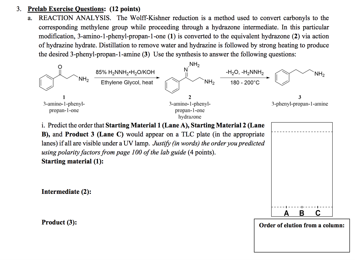 Solved a. 3. Prelab Exercise Questions: (12 points) REACTION | Chegg.com