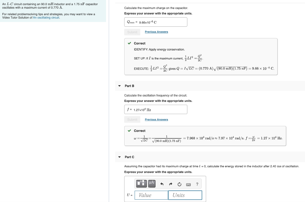 Solved An L C Circuit Containing An 90 0 Mh Inductor And A