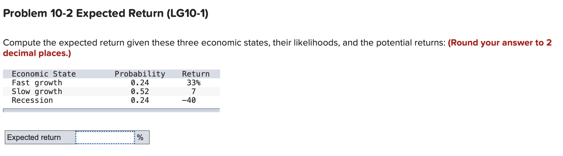 Solved Problem 10-2 ﻿Expected Return (LG10-1)Compute the | Chegg.com