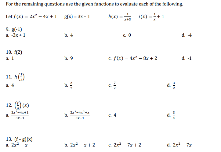 Solved For the remaining questions use the given functions | Chegg.com