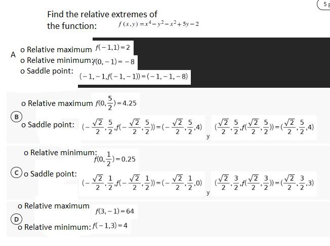 Solved 5F o Relative maximum (-1,1)=2 A o Relative | Chegg.com