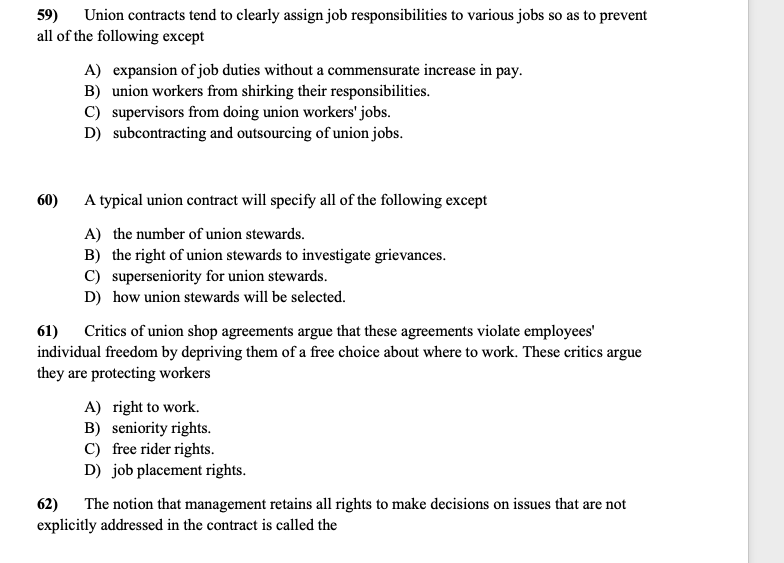 Solved 59) Union contracts tend to clearly assign job | Chegg.com