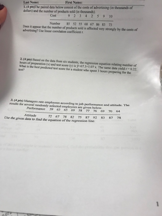 Solved Last Name: First Name: 1.(4 pts)The paired data below | Chegg.com