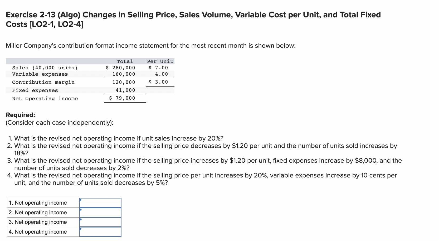 Solved Exercise 2-13 (Algo) Changes in Selling Price, Sales | Chegg.com