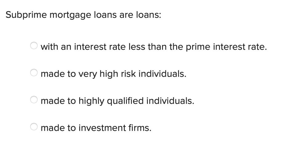 Solved Subprime mortgage loans are loans: with an interest | Chegg.com