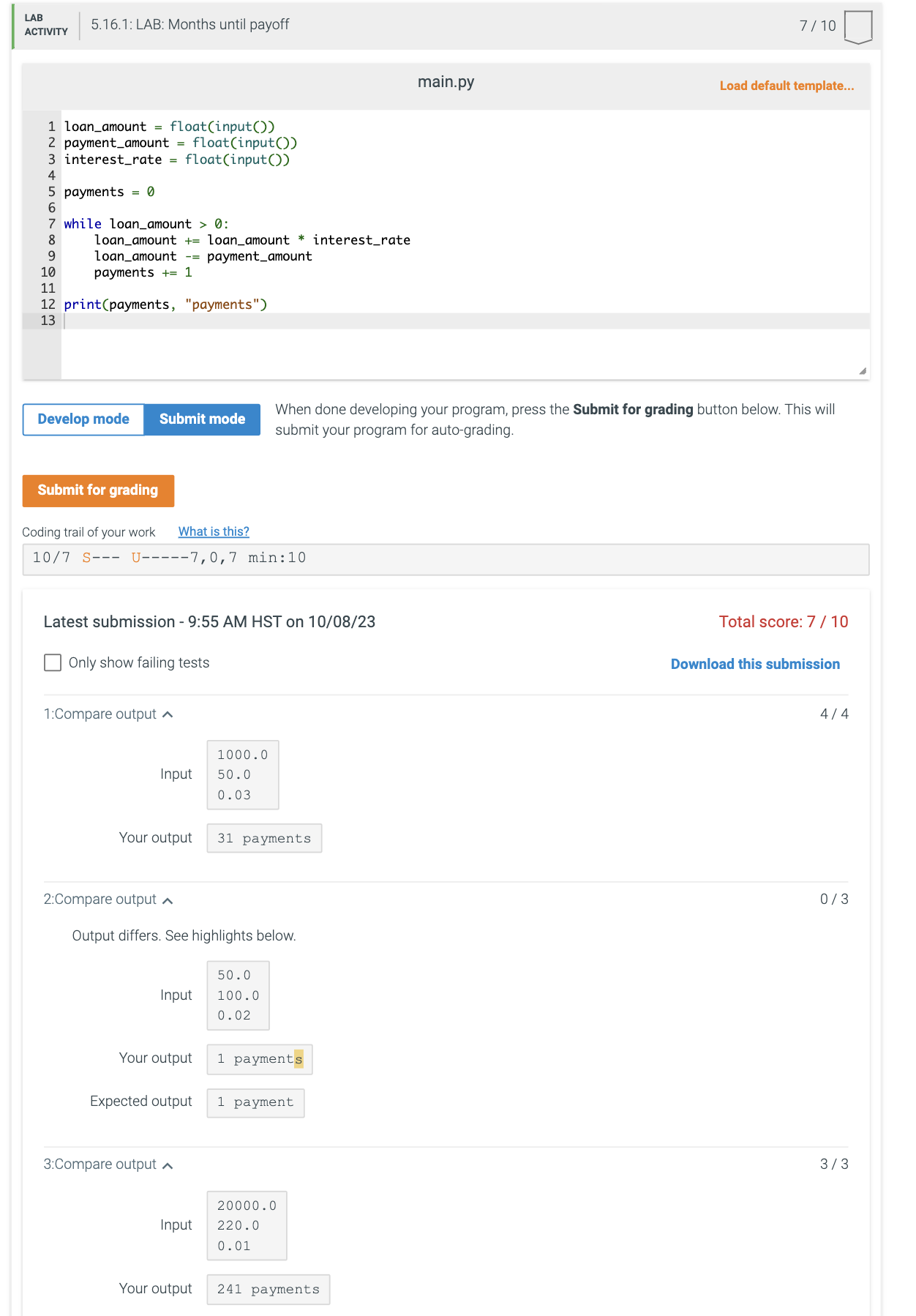 Solved AB 5.16.1: LAB: Months until payoff 7/10 main.py Load | Chegg.com