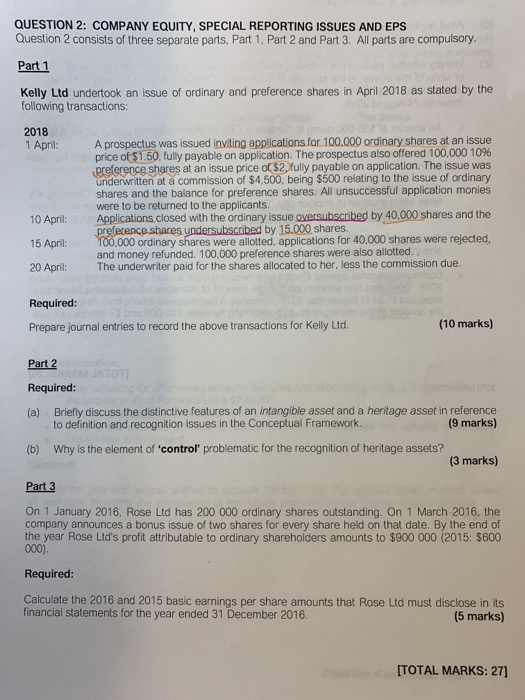 Solved QUESTION 2: COMPANY EQUITY, SPECIAL REPORTING ISSUES | Chegg.com