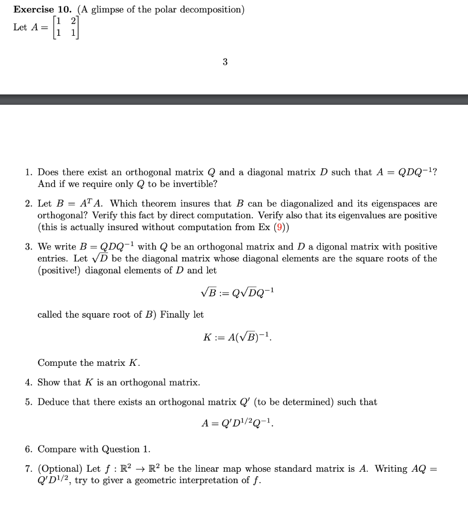 Solved Exercise 10. (A glimpse of the polar decomposition) 2 | Chegg.com