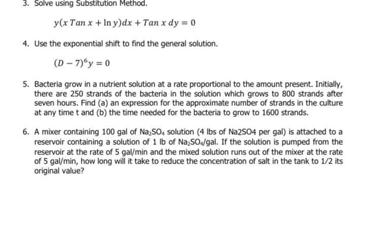 Solved 3. Solve using Substitution Method. y(x Tan x + In | Chegg.com