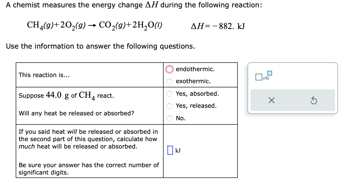 Solved CH4(g)+2O2(g)→CO2(g)+2H2O(l)ΔH=−882.kJ Use the | Chegg.com