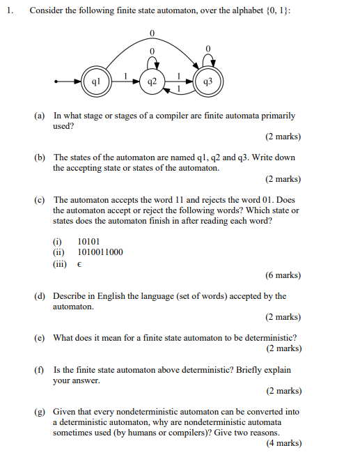 Solved 1. Consider the following finite state automaton, | Chegg.com
