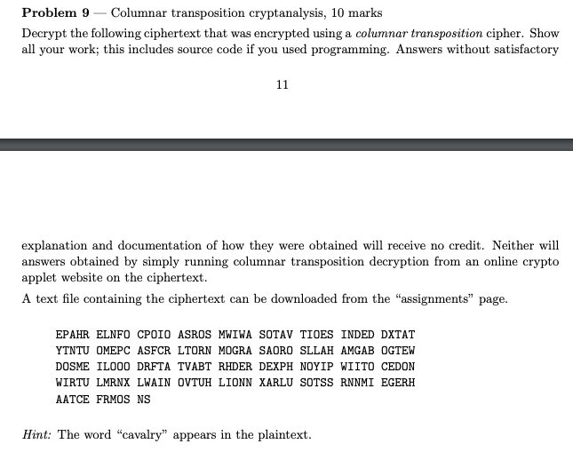 Problem 9 - Columnar transposition cryptanalysis, 10 | Chegg.com