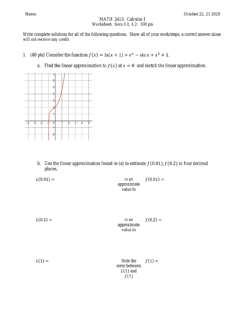 Solved Name: October 22, 23 2020 MATH 2413: Calculus 1 | Chegg.com