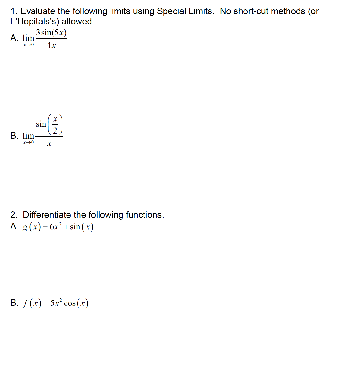 Solved 1. Evaluate the following limits using Special | Chegg.com
