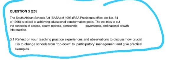 Solved QUESTION 3 (25) The South African Schools Act (SASA) | Chegg.com