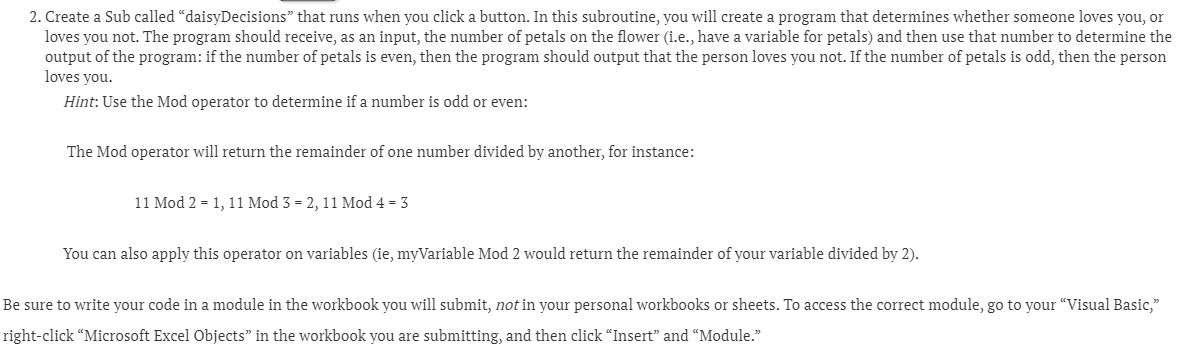 Solved 2 Create A Sub Called Daisydecisions That Runs