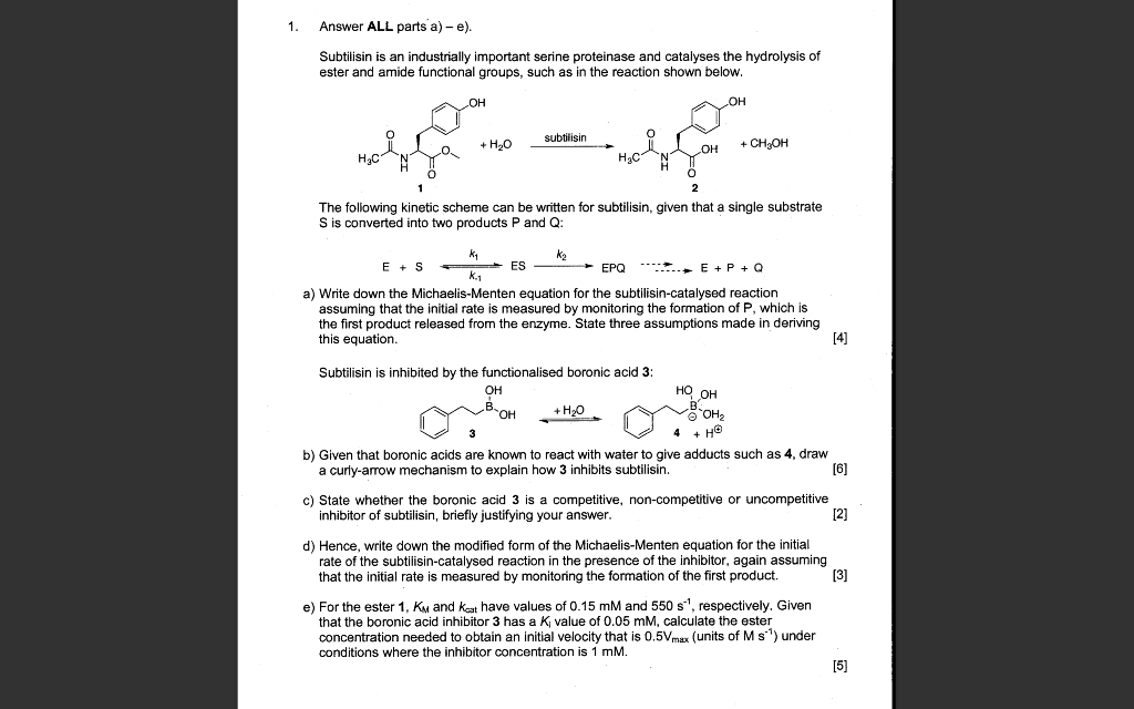 Solved 1. Answer ALL parts a)-e). Subtilisin is an | Chegg.com