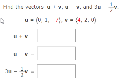 Solved Find the vectors u + v, u - v, and 3u - ¹-v. u = (0, | Chegg.com