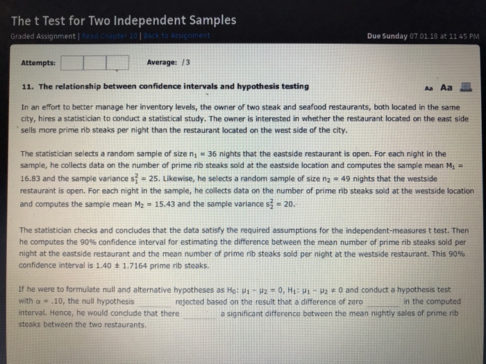 Solved The t Test for Two Independent Samples Graded | Chegg.com