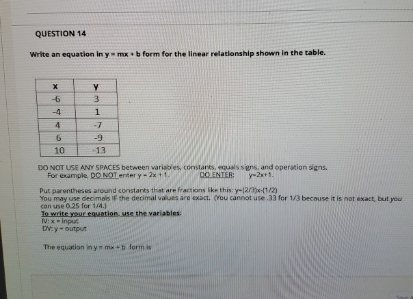 Solved QUESTION 14 Write an equation in y mx+b form for the | Chegg.com