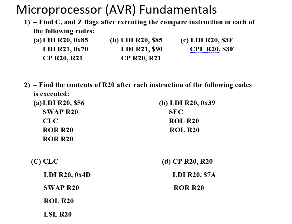 Solved Microprocessor (AVR) Fundamentals 1) - Find C, and Z | Chegg.com