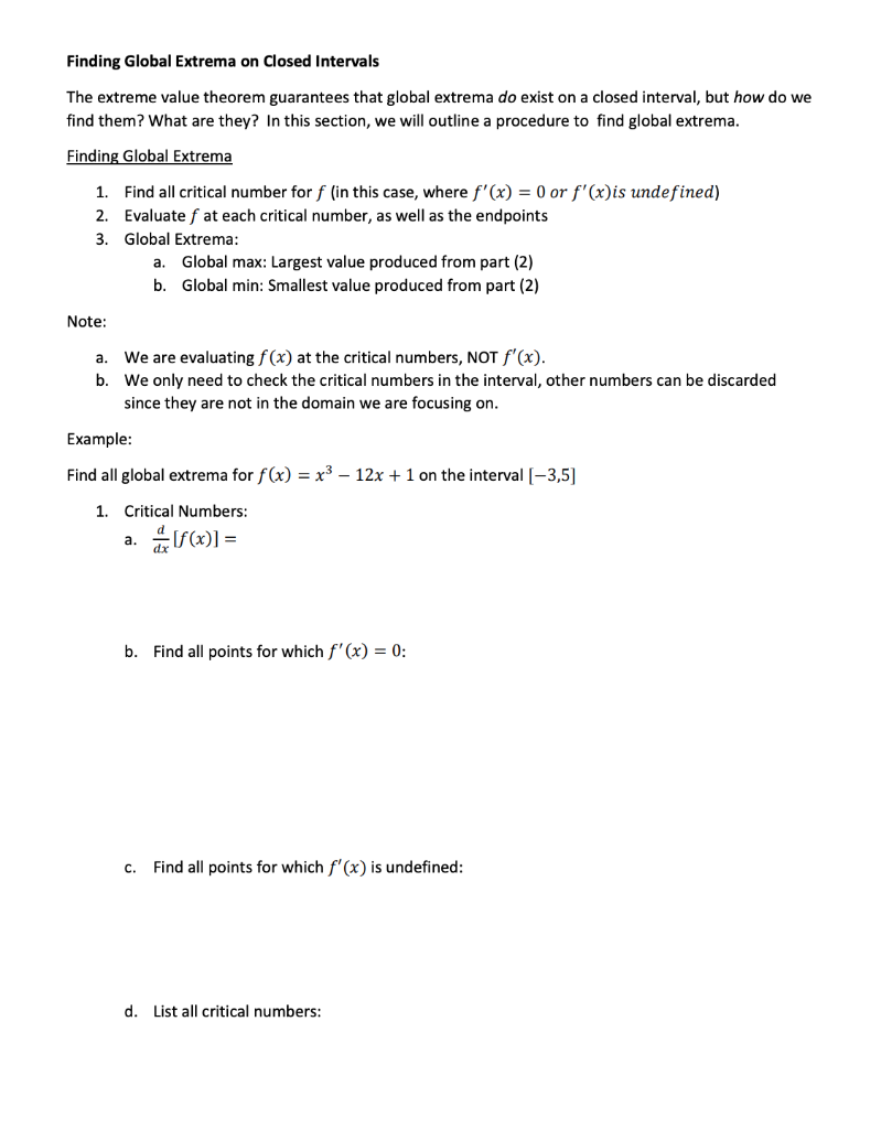 Solved Finding Global Extrema on Closed Intervals The | Chegg.com