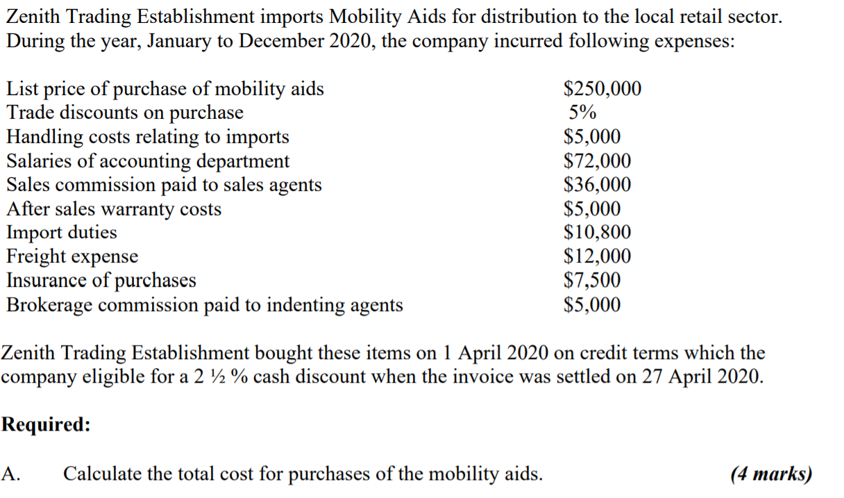 Solved Zenith Trading Establishment imports Mobility Aids | Chegg.com