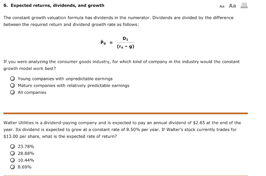 Solved 6. Expected returns, dividends, and growth Aa Aa The | Chegg.com
