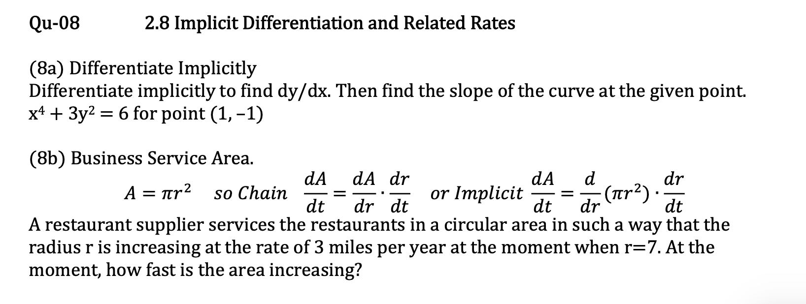 Solved Qu-08 2.8 Implicit Differentiation and Related Rates | Chegg.com