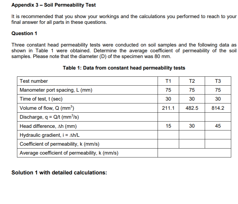 Solved Appendix 3 - Soil Permeability Test It is recommended | Chegg.com