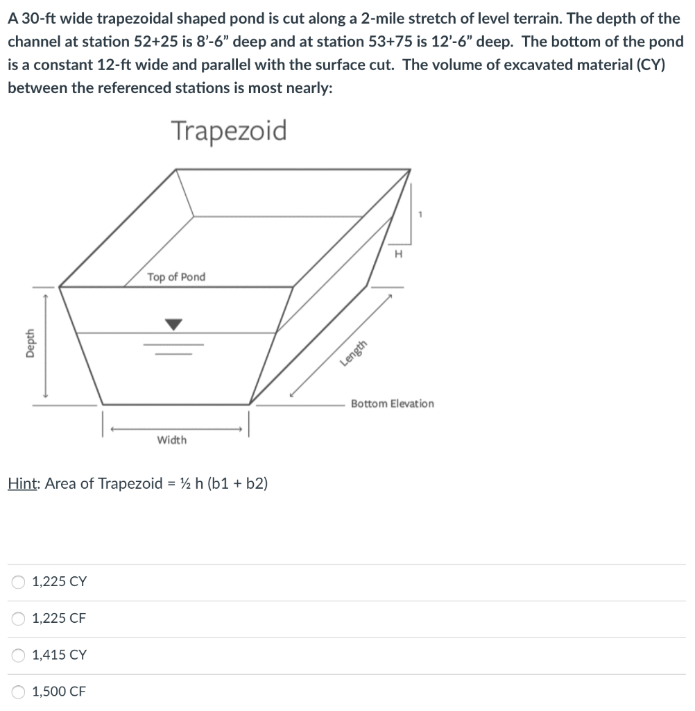 Solved A 30-ft wide trapezoidal shaped pond is cut along a | Chegg.com