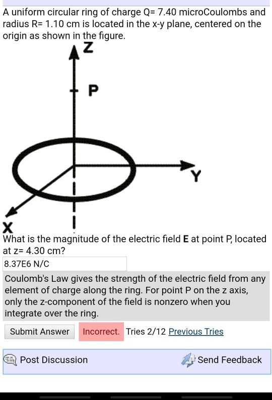 Solved A uniform circular ring of charge Q= 7.40 | Chegg.com
