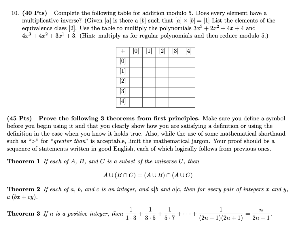 Solved = 10. (40 Pts) Complete the following table for | Chegg.com