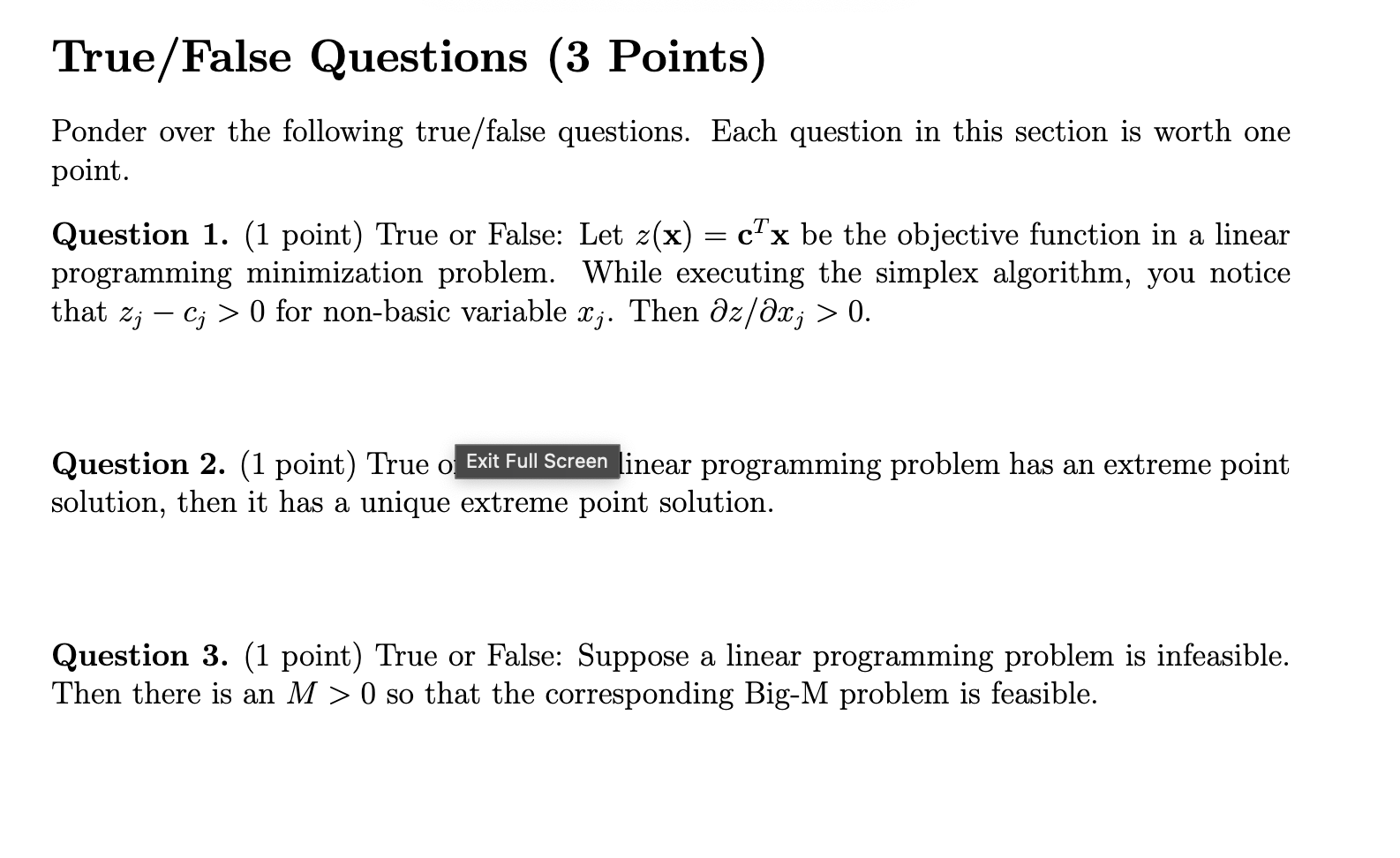 Solved Ponder over the following true/false questions. Each | Chegg.com