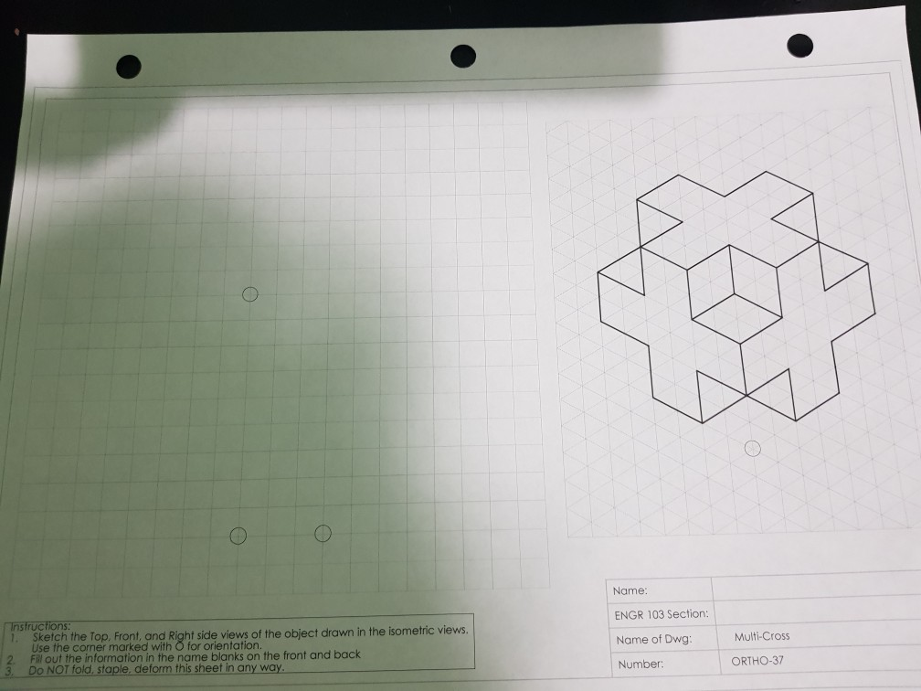 Solved orthographic drawing including top, front, and side | Chegg.com