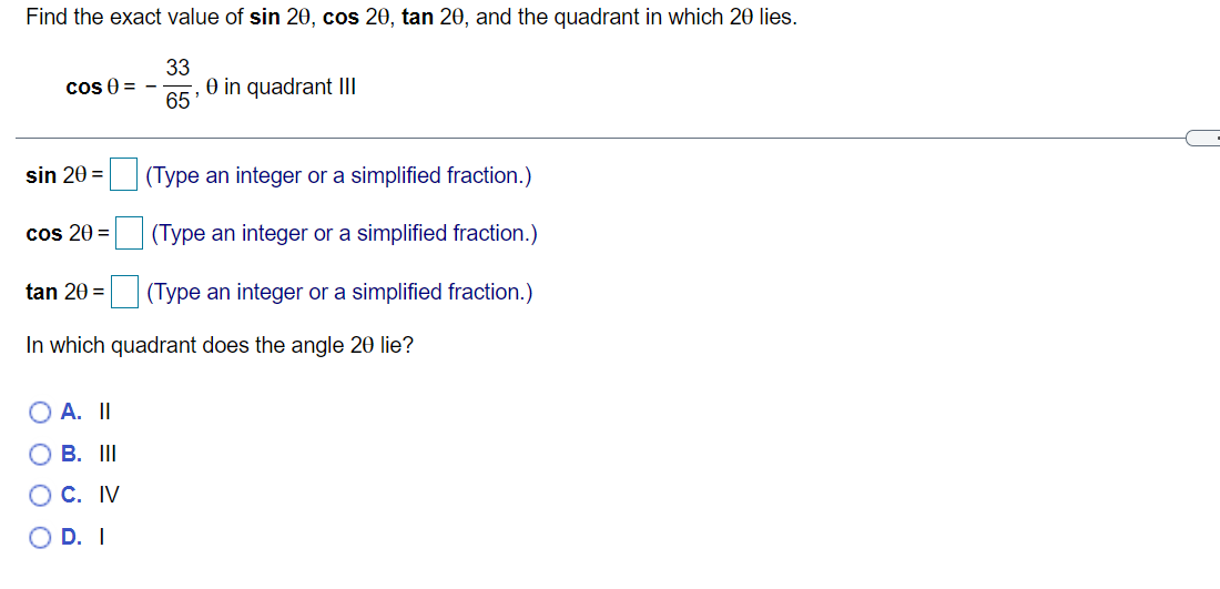 Solved Find the exact value of sin 20, cos 20, tan 20, and | Chegg.com