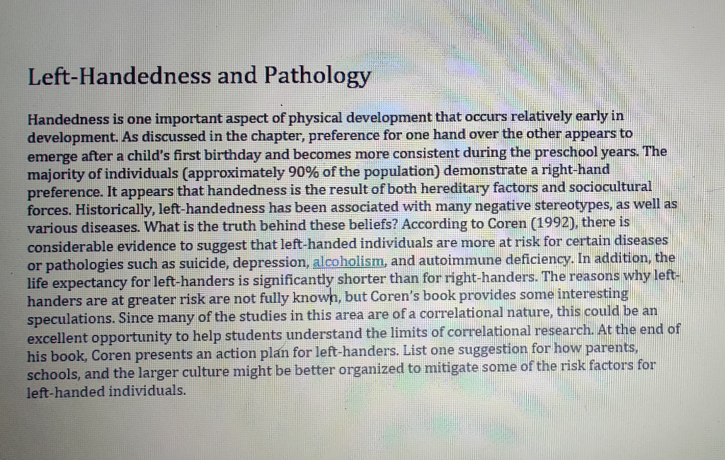 Solved Left-Handedness and Pathology Handedness is one | Chegg.com