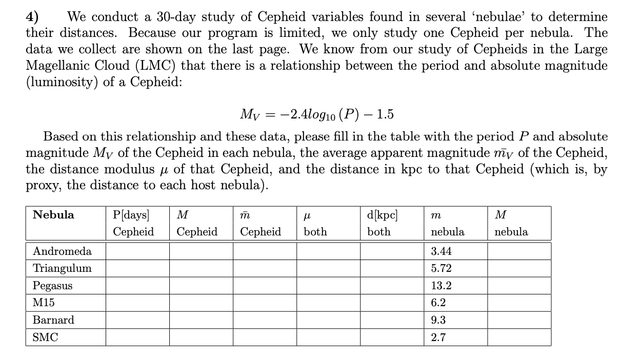 Solved 4) We conduct a 30-day study of Cepheid variables | Chegg.com