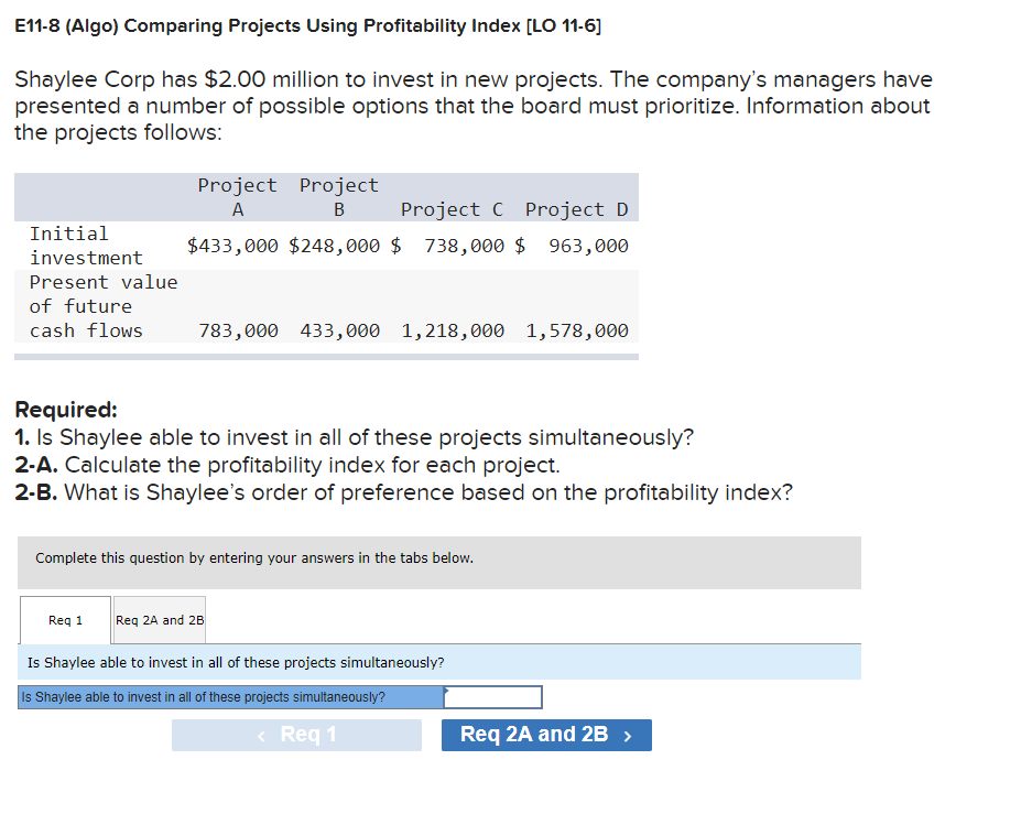 Solved E11-8 (Algo) Comparing Projects Using Profitability | Chegg.com